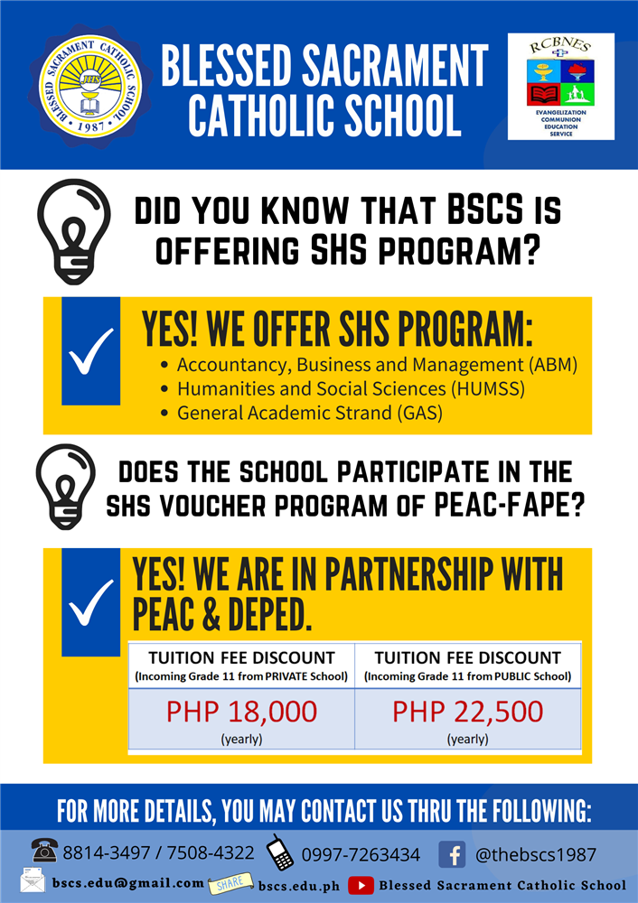 Blessed Sacrament Catholic School | Advisories | BSCS IS OFFERING SHS ...